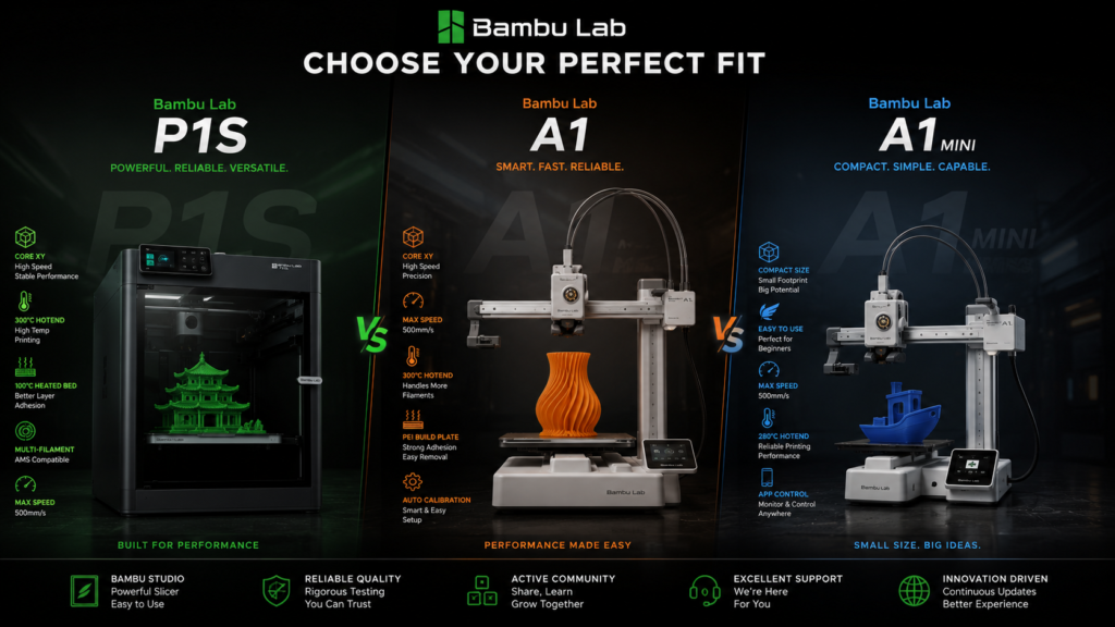 Bambu Lab P1S vs A1 vs A1 Mini: 2026 Buyer's Guide | Cubic School